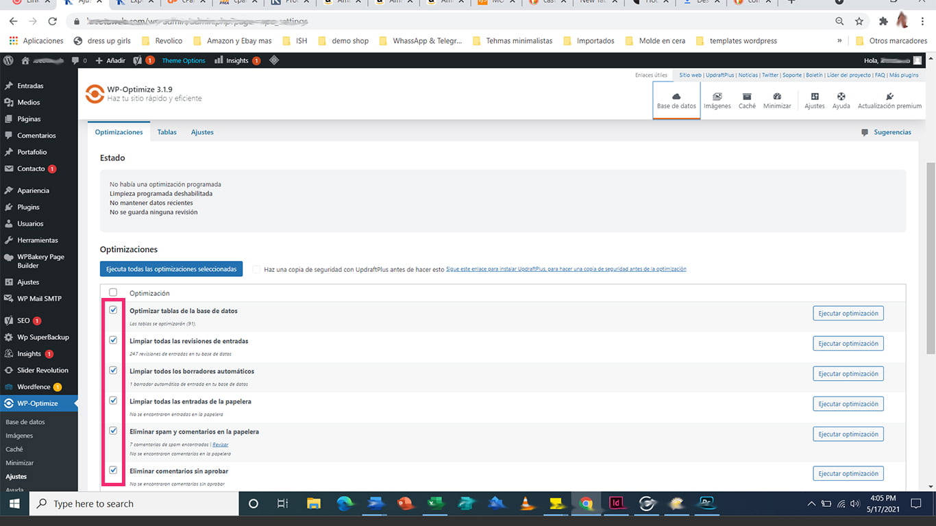 Optimizar base de datos en Wordpress con Plugin WPOptimize